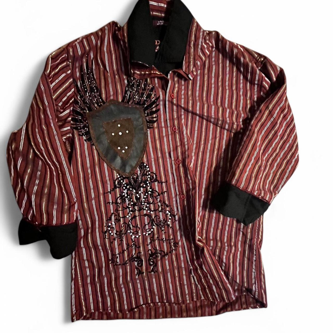 RED AFFLICTION DANESI BRAND EMBROIDERED BUTTON... | Depop