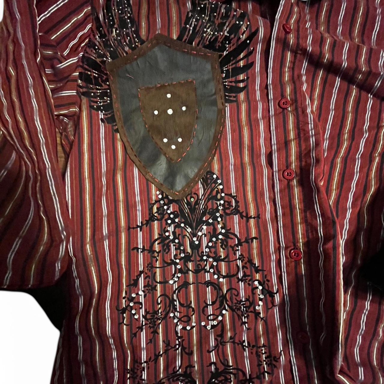 RED AFFLICTION DANESI BRAND EMBROIDERED BUTTON... | Depop