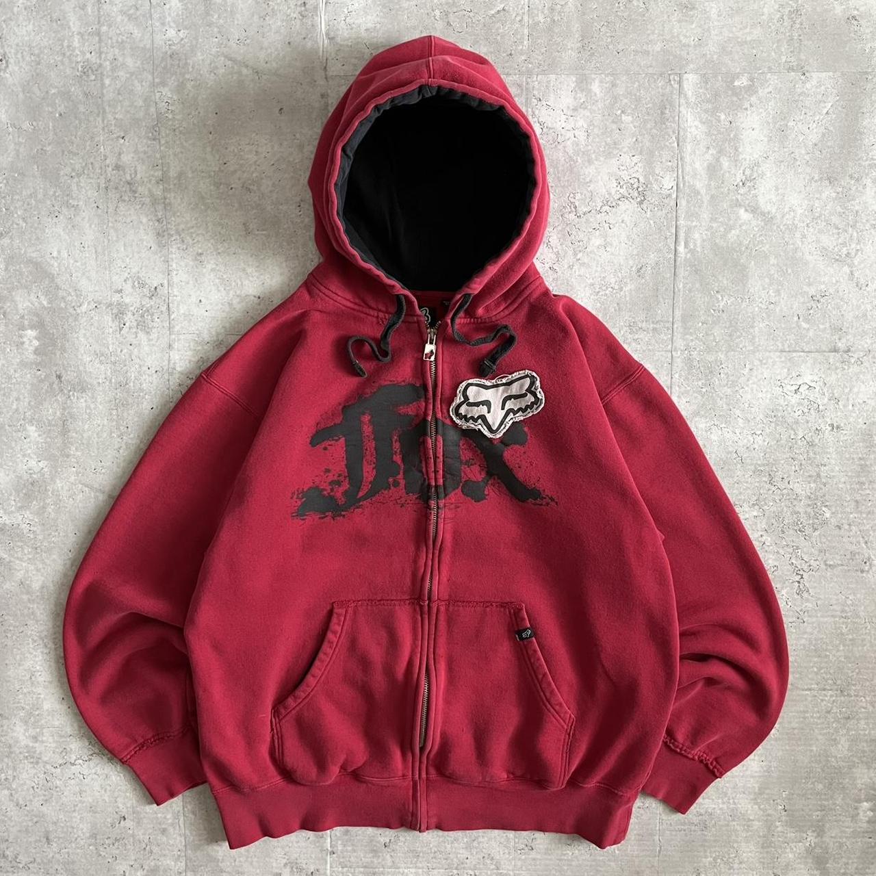 Vintage Y2K Red Fox Racing zip up hoodie with black... | Depop