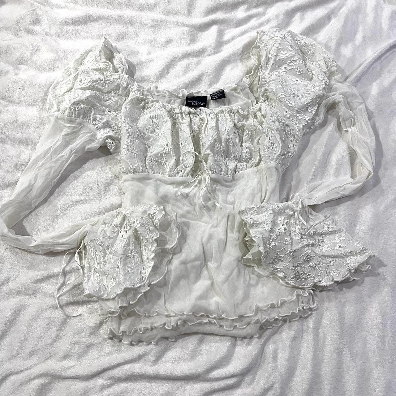 off-white lace puff princess sleeve top with... - Depop