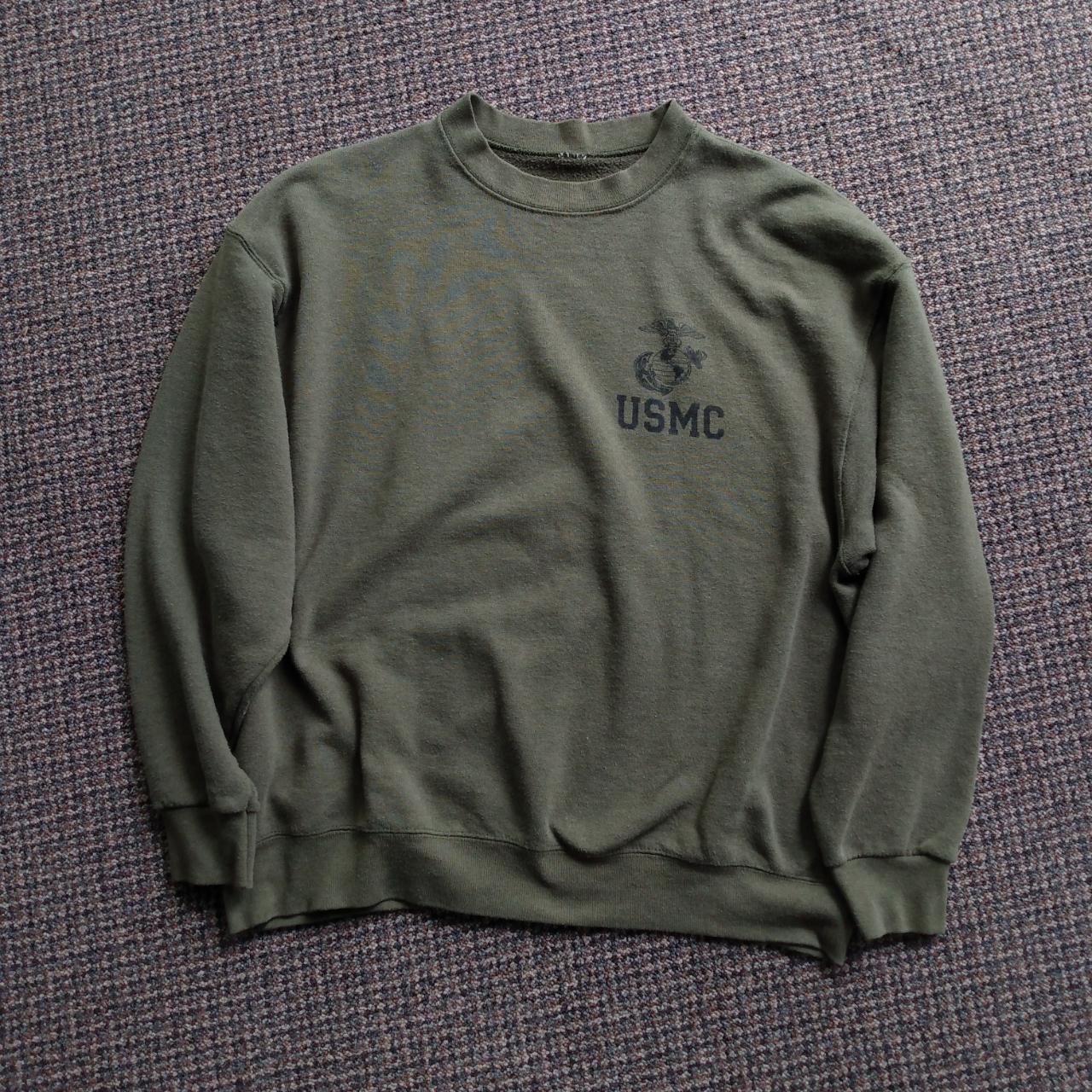 90's usmc made in usa sweatshirt olive green vintage... - Depop
