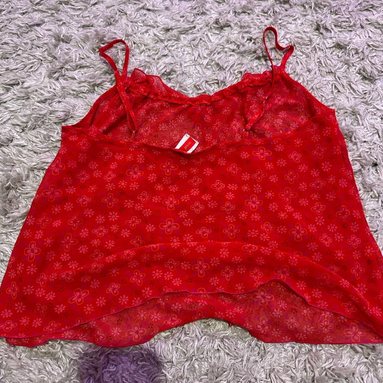 2000s red floral sheer tank top size large but can... - Depop