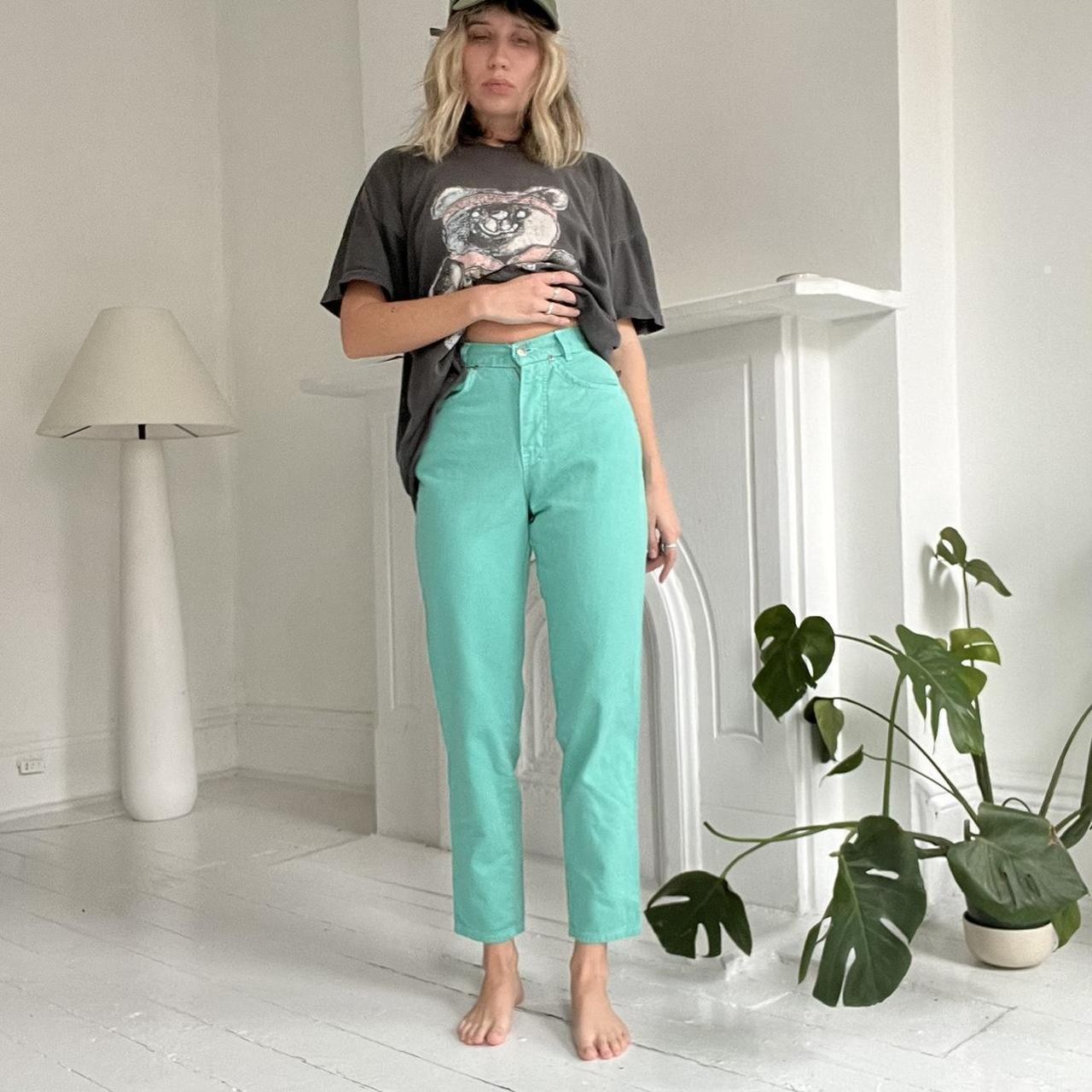 Vintage 90s super soft turquoise blue high waisted... - Depop