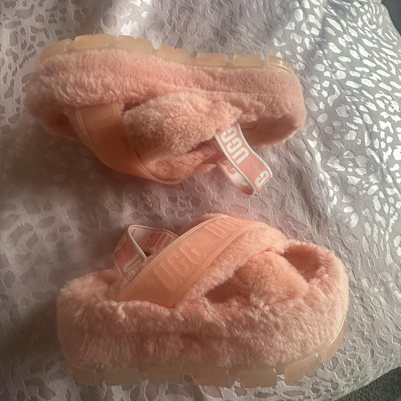 UGG pink/ peach fluffy platform slides - super comfy... - Depop