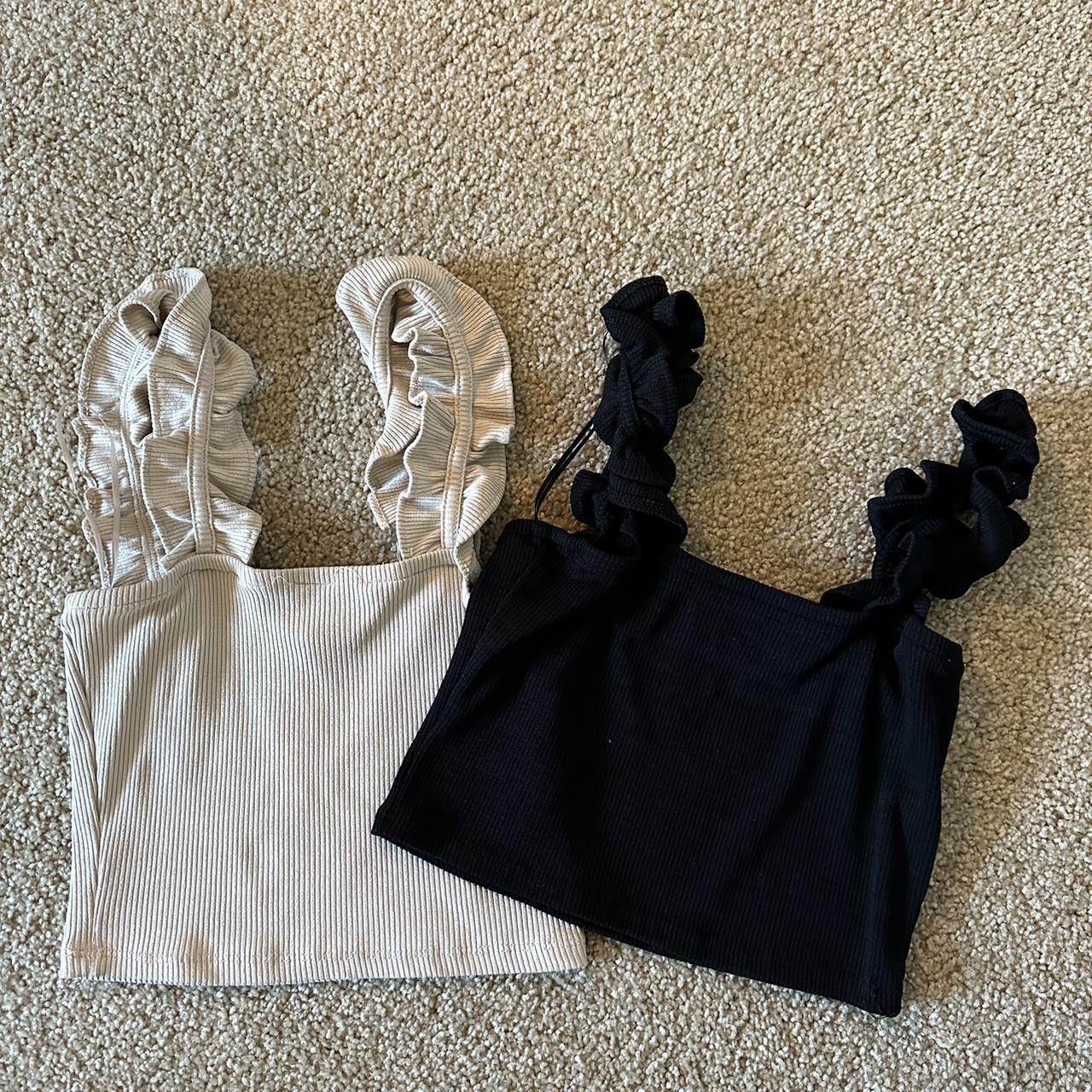 2 zara cropped ruffle strap tank tops - black size... - Depop