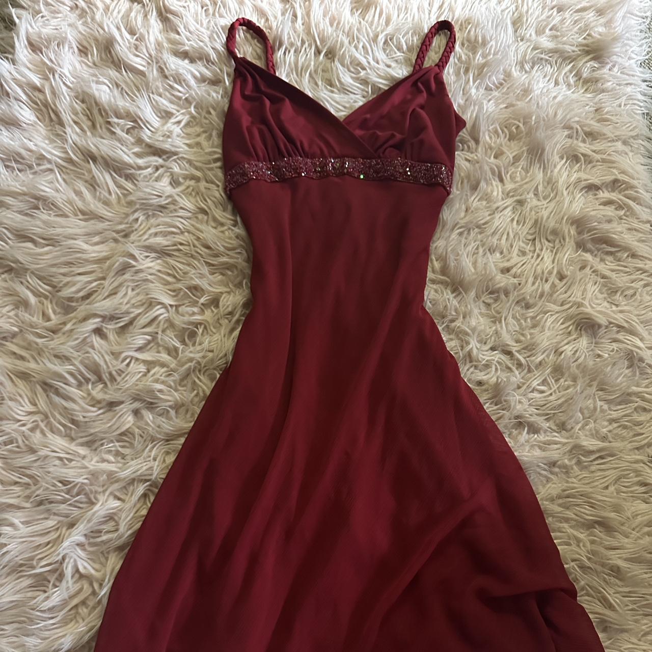 burgundy and red formal dress with beaded detailing... - Depop