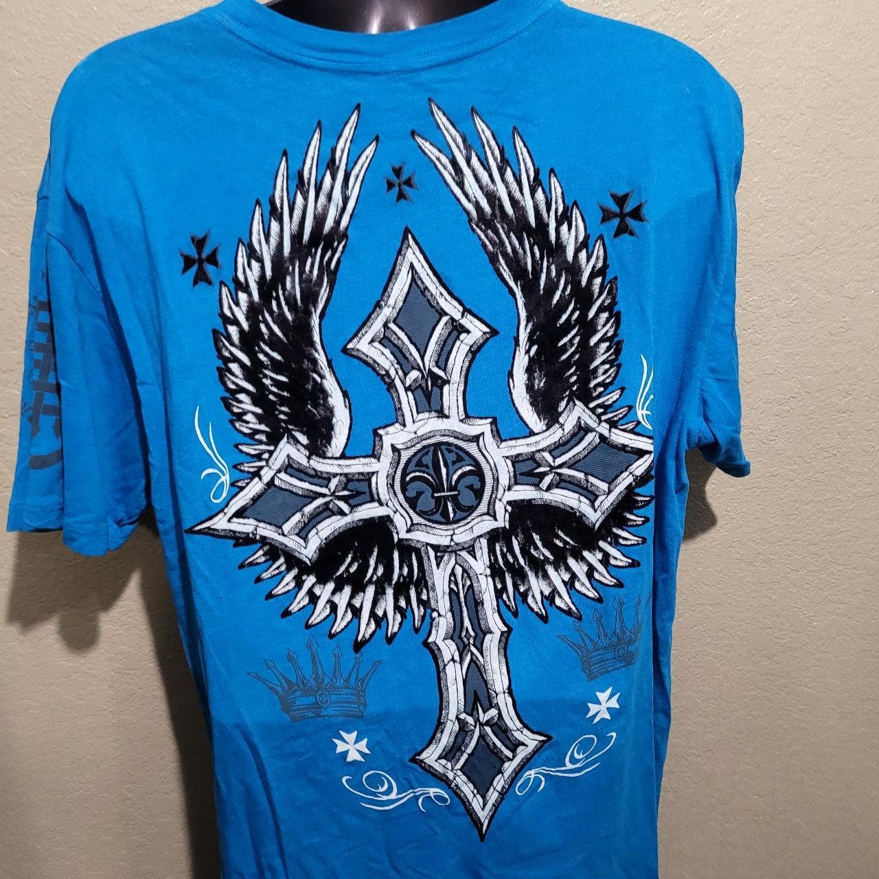 Blue Affliction shirt with cross design... | Depop