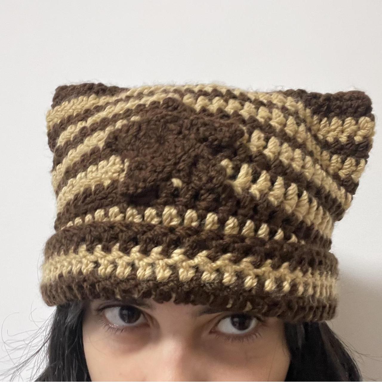 Handmade brown and beige crochet crochet beanie with... - Depop