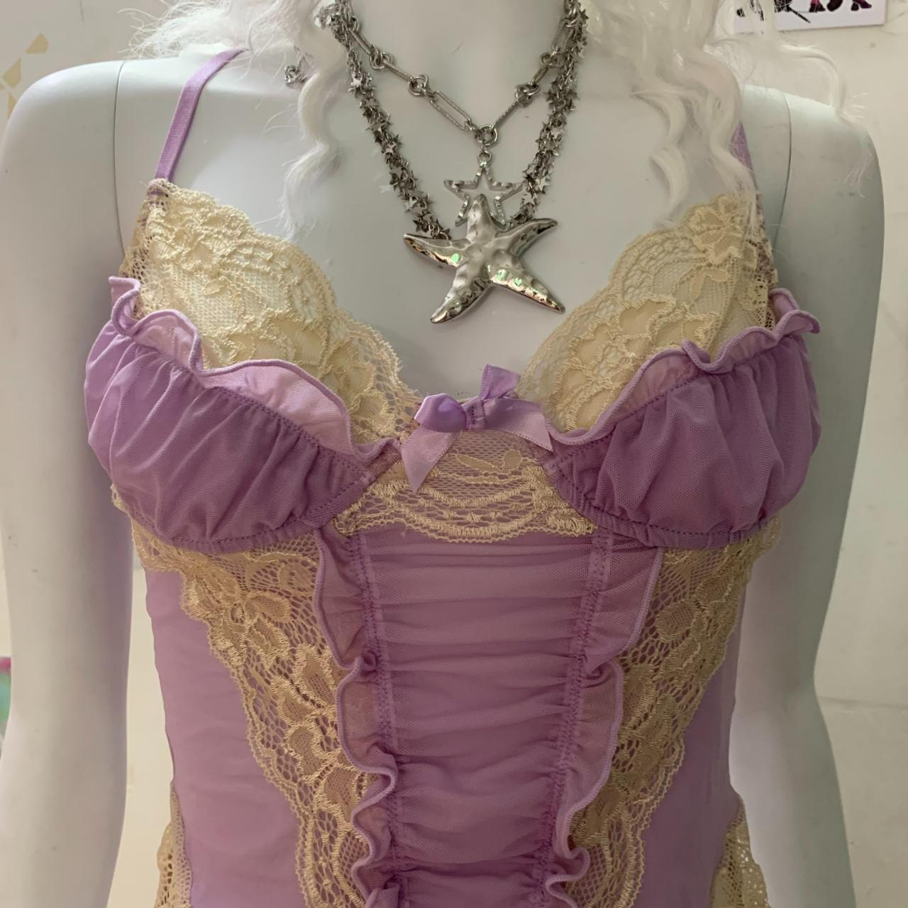 Y2K vintage-style wrinkle purple net lace crop top, ... - Depop