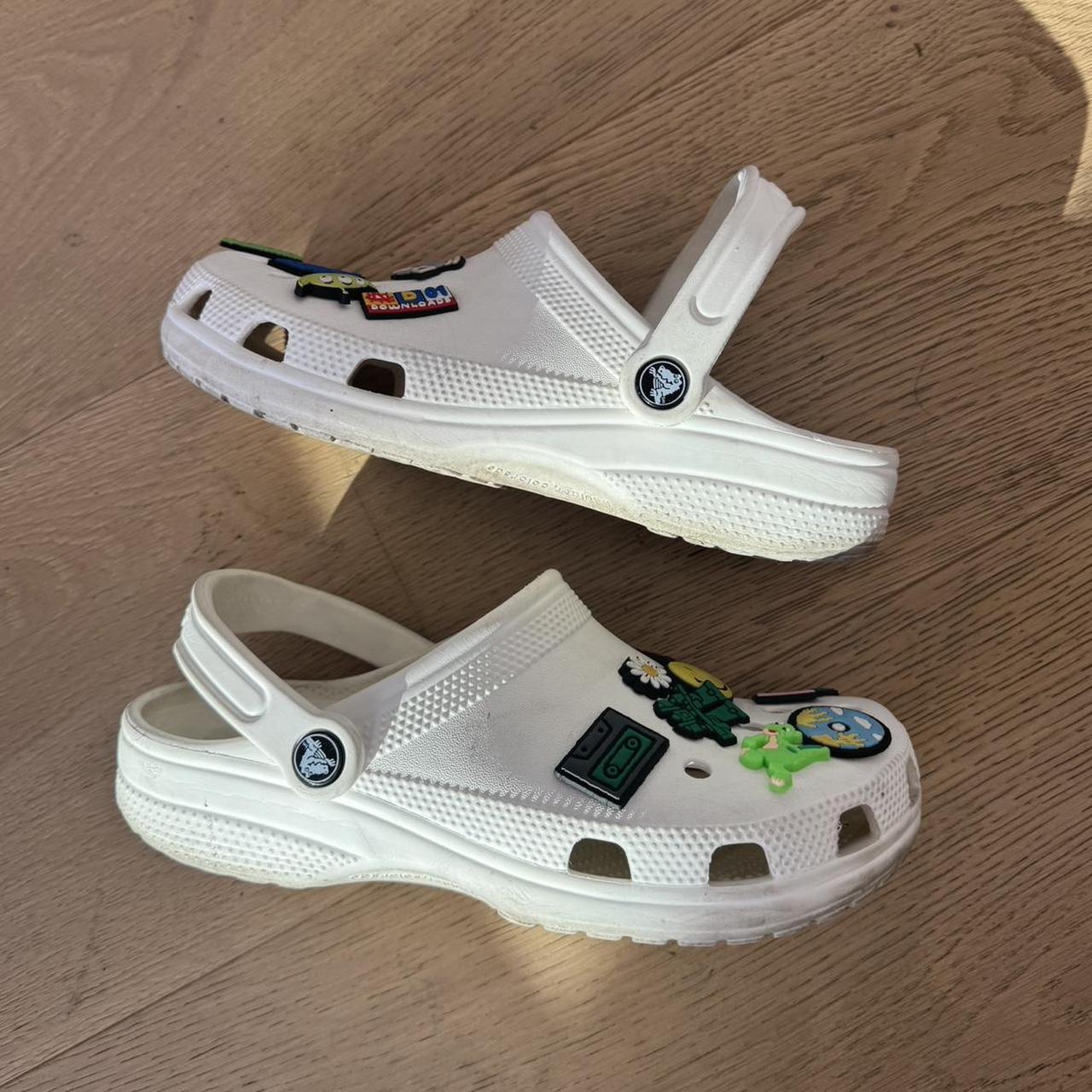 White crocs with multiple Jibbitz charms (men... - Depop