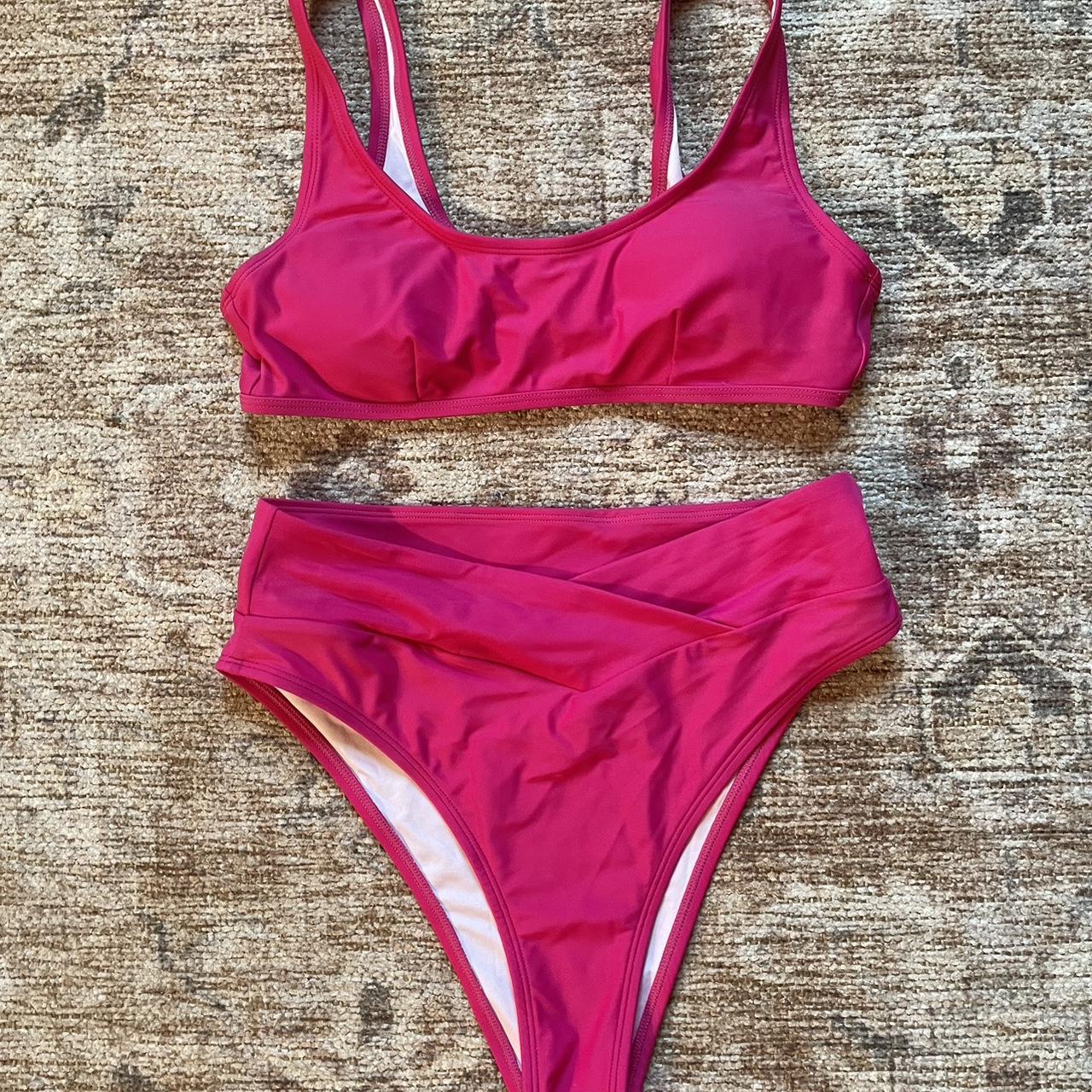 medium hot pink swimsuit set - never worn - Depop
