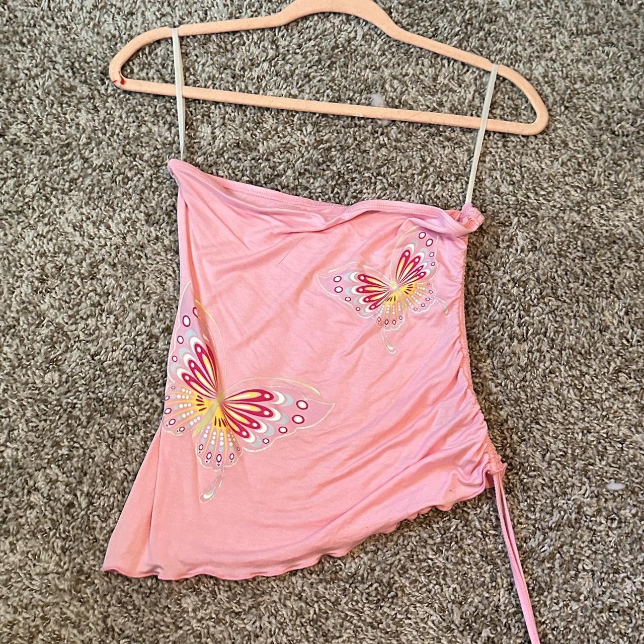Pink tube top with butterfly details and a... - Depop