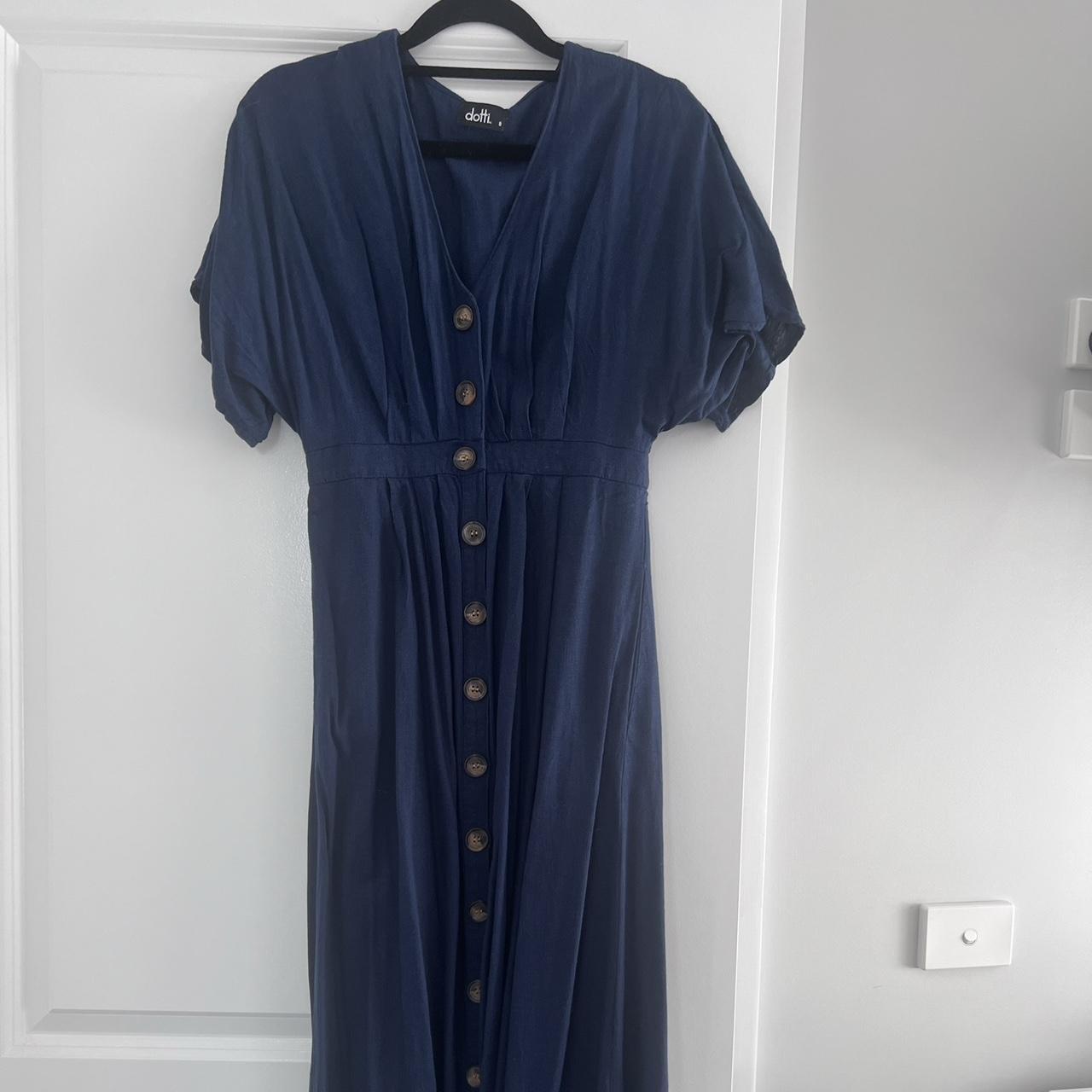 Dotti Navy Linen Blend Button Down Dress 8 Worn twice - Depop