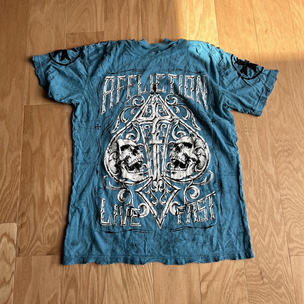 Affliction Men's Blue and Black T-shirt | Depop