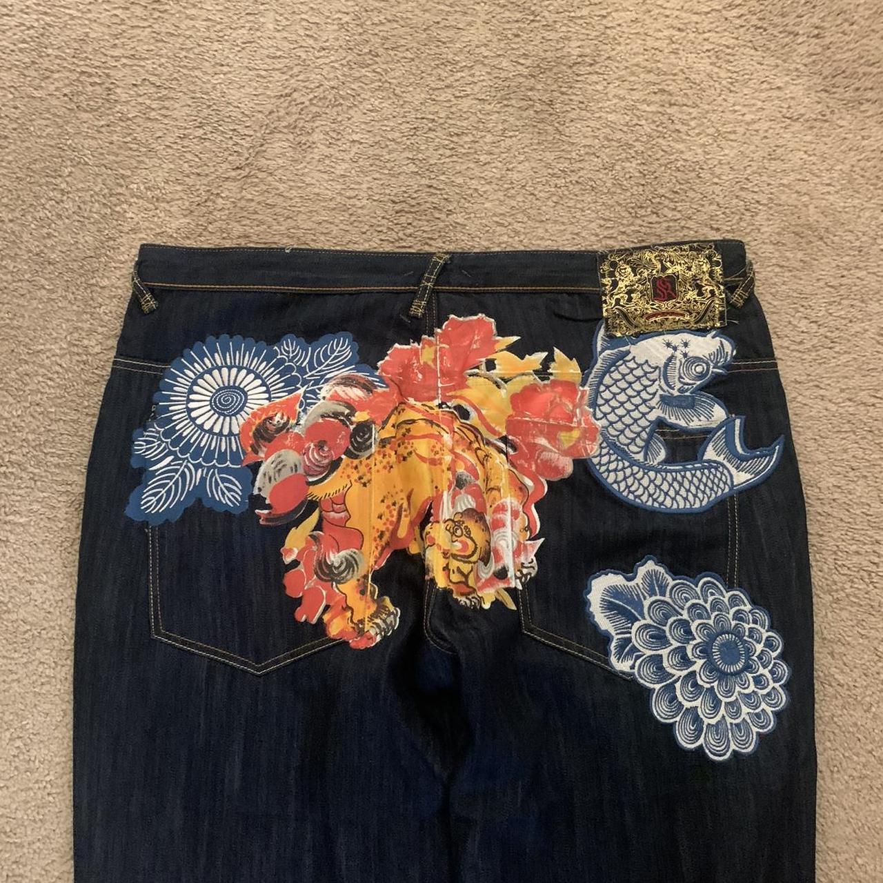 42x32 Kanji Embroidered Japanese Koi Fish Jeans.... - Depop