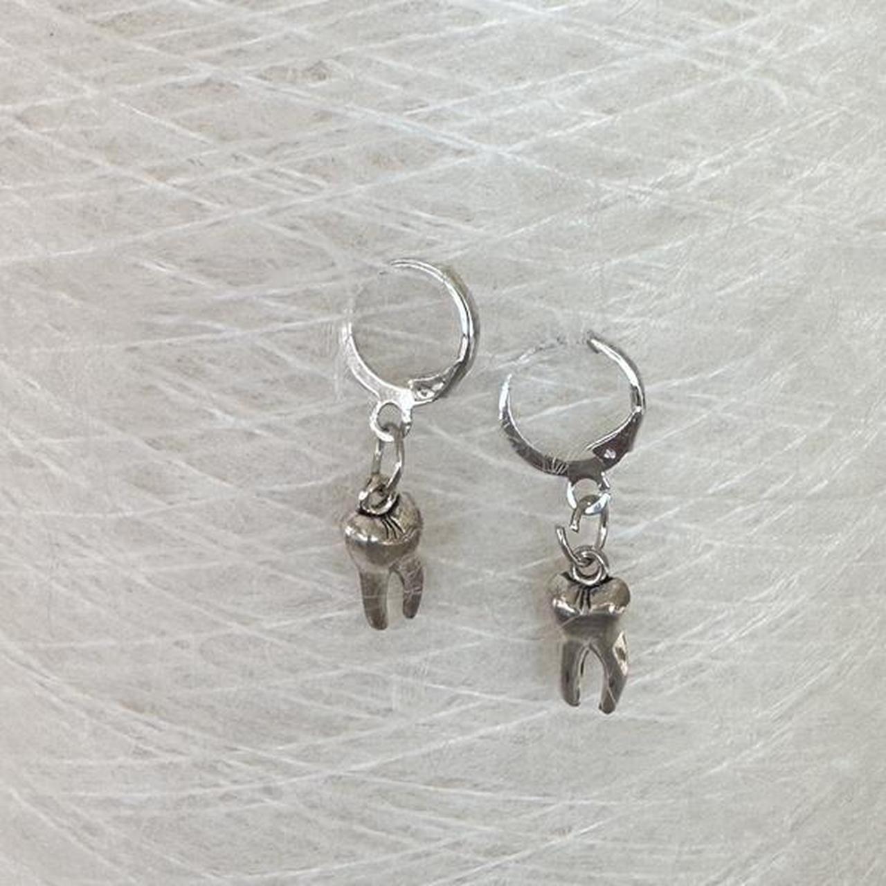 Silver tooth charm hoop earrings with hypoallergenic... - Depop