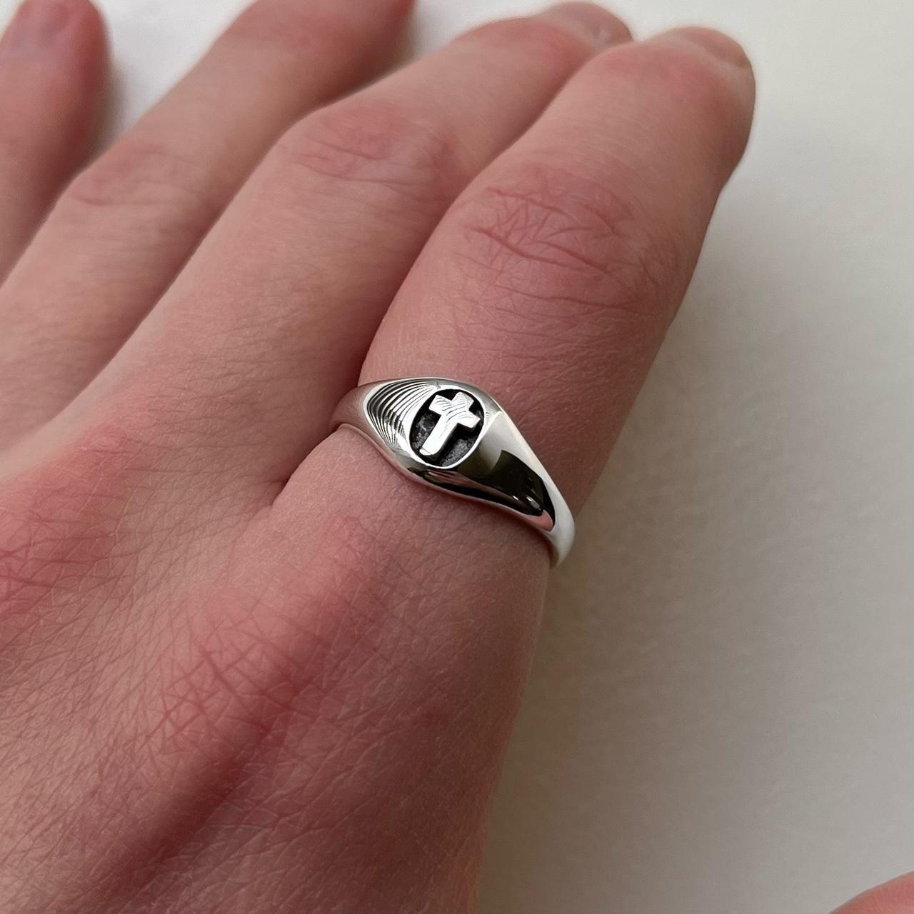 Mens silver cross signet ring in sterling silver... - Depop