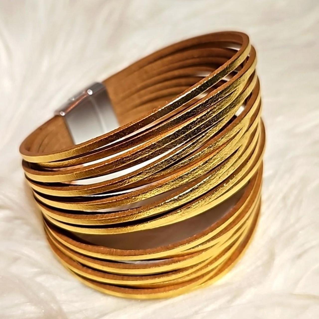 Metallic Gold Leather Strappy Bracelet New without,... - Depop