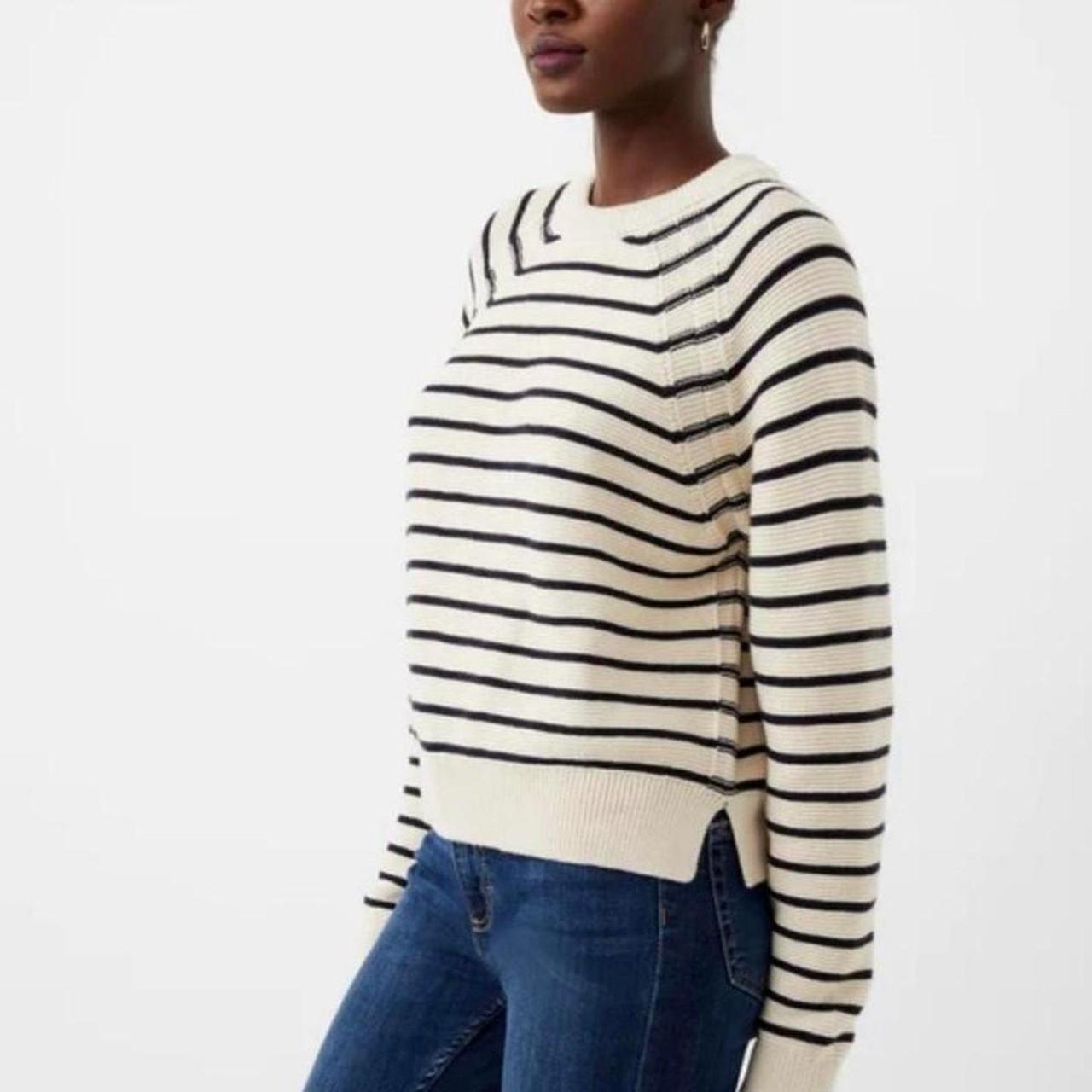 French connection cream knit jumper with navy strip... - Depop