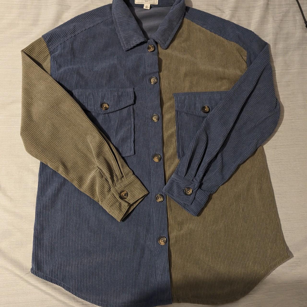 Blue and Green Color Blocked Corduroy Flannel Button... - Depop