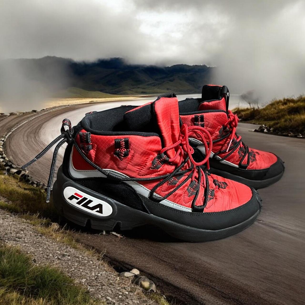 Red and black Vapwax hiking boots #hikingboots Fila... - Depop