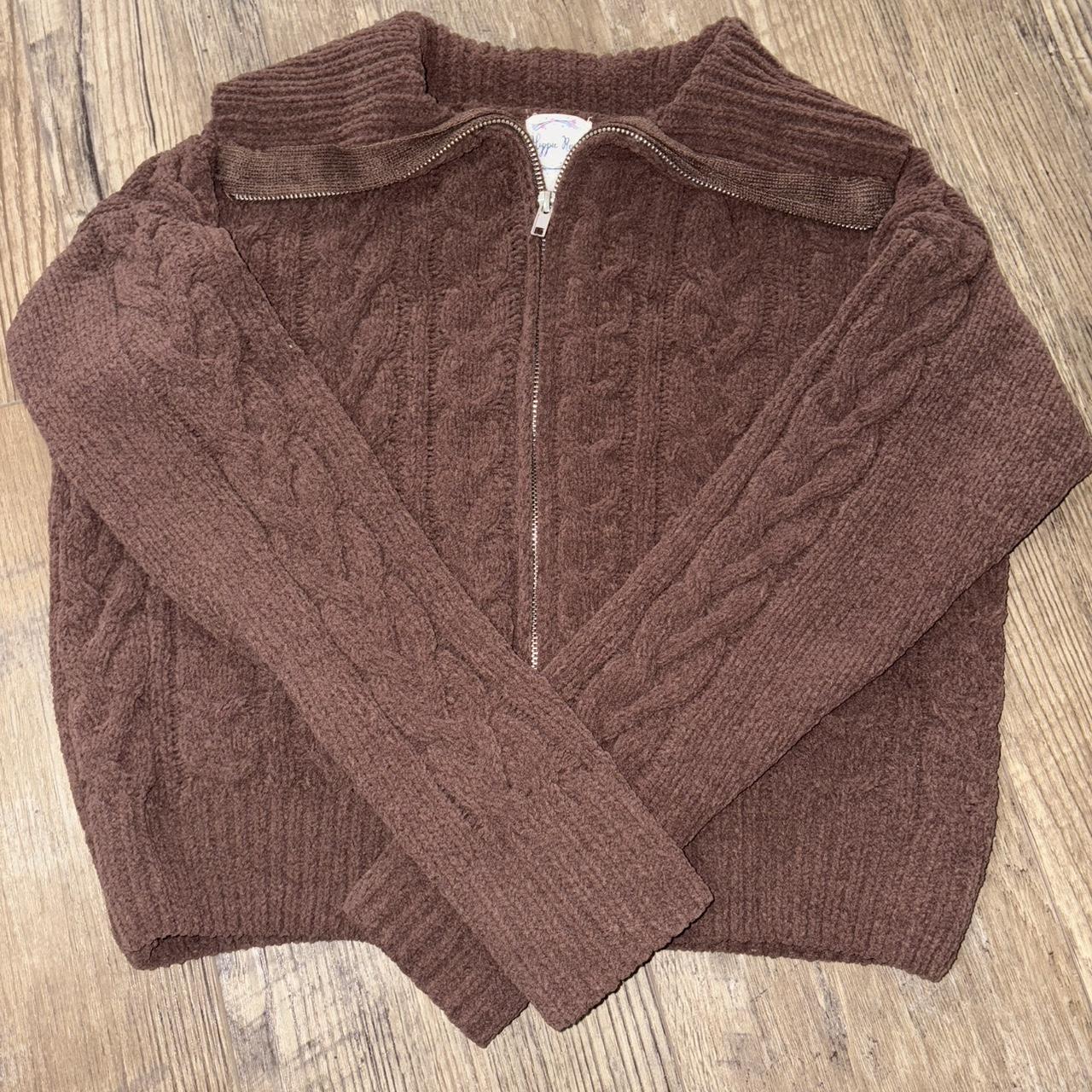 Brown cable knit cropped fold over neck sweater... | Depop