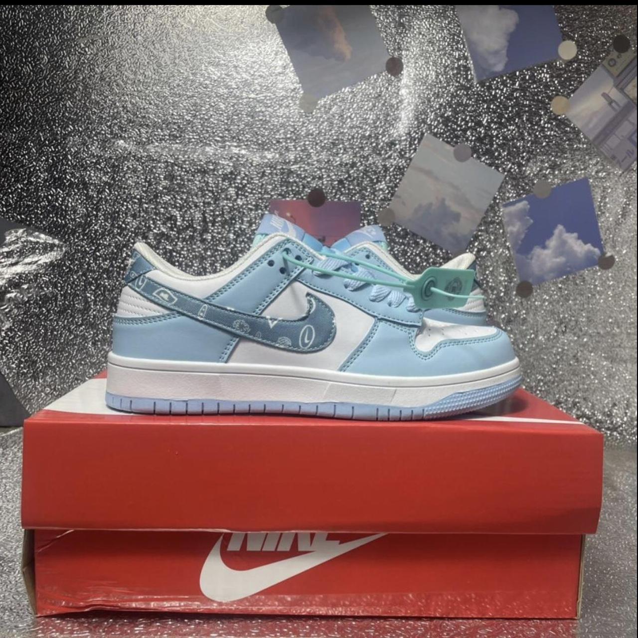 SB Dunk white and blue cashew flower low-top sneakers . - Depop