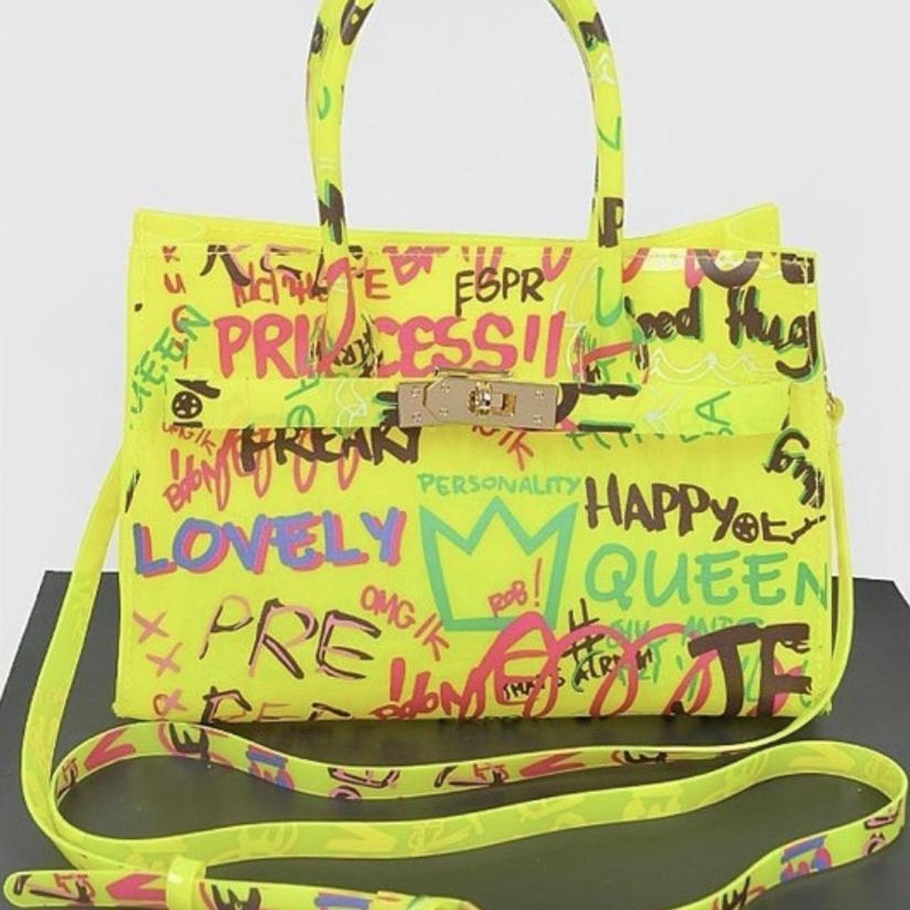 Neon yellow handbag with a graffiti vibe #funkyvibe... - Depop