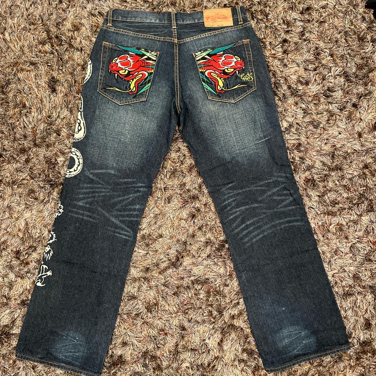 Super cool ed hardy jeans with snake embroidery and... - Depop