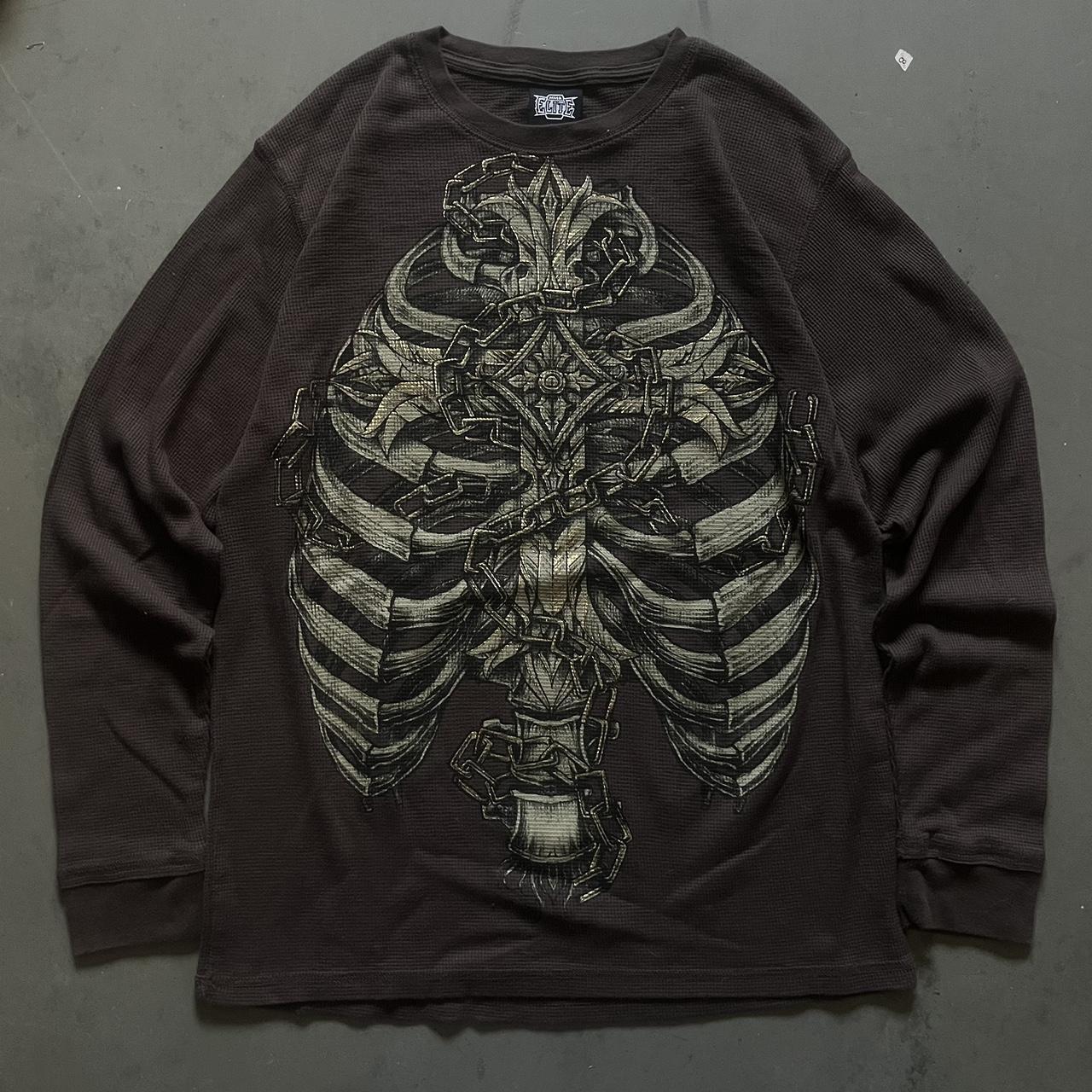 Cyber Y2k Grunge Skate Thermal Skull rib cage brown... - Depop