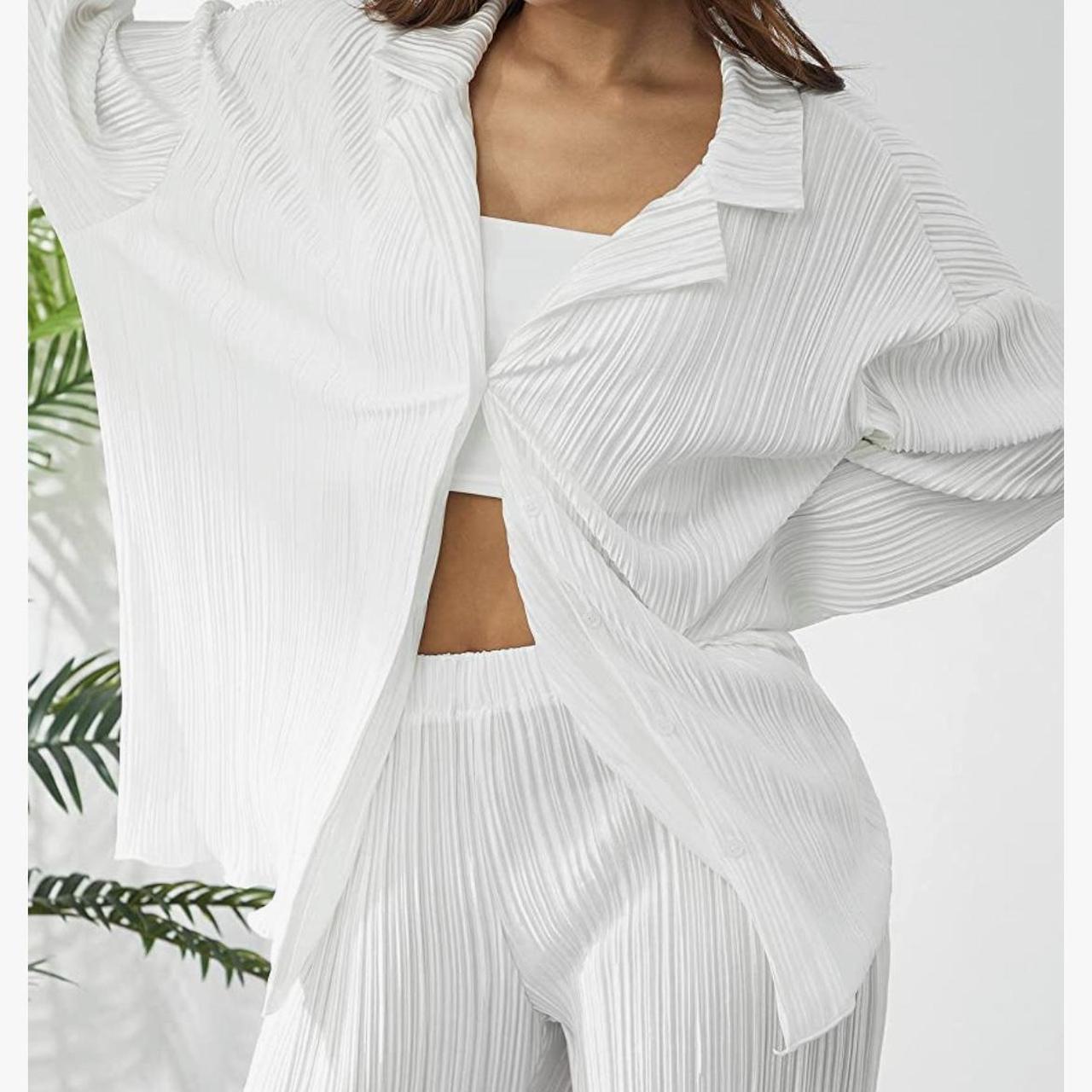 Women 2 Piece Plisse Set Outfit Long Sleeve Button... - Depop