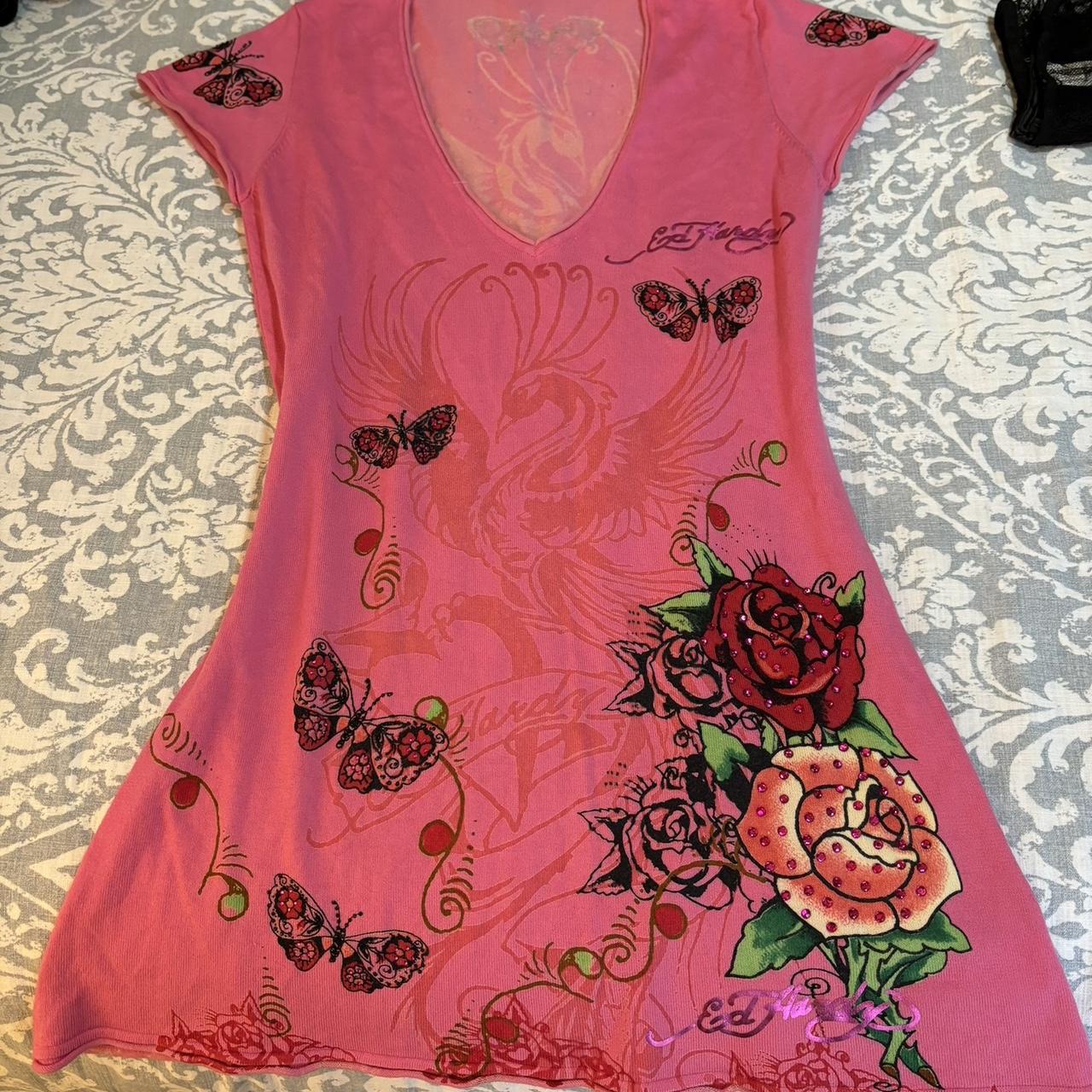Ed Hardy pink and red mini dress or shirt... | Depop