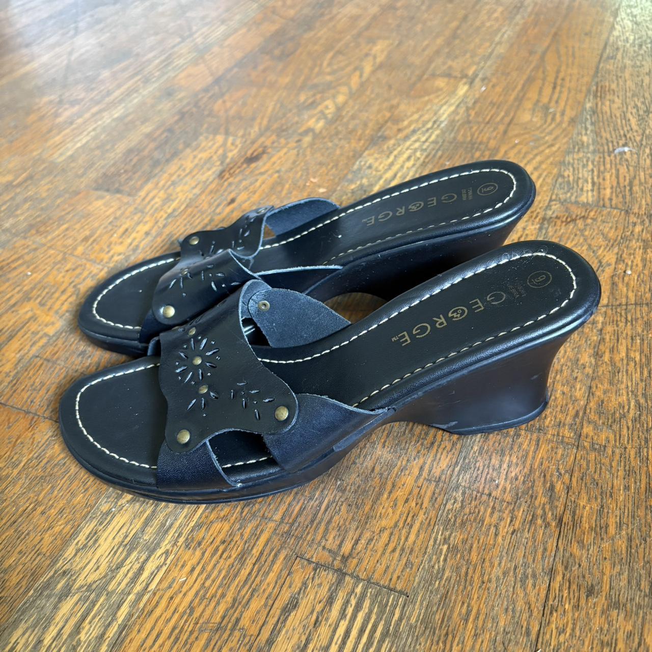 vintage black leather kitten heals with floral... | Depop