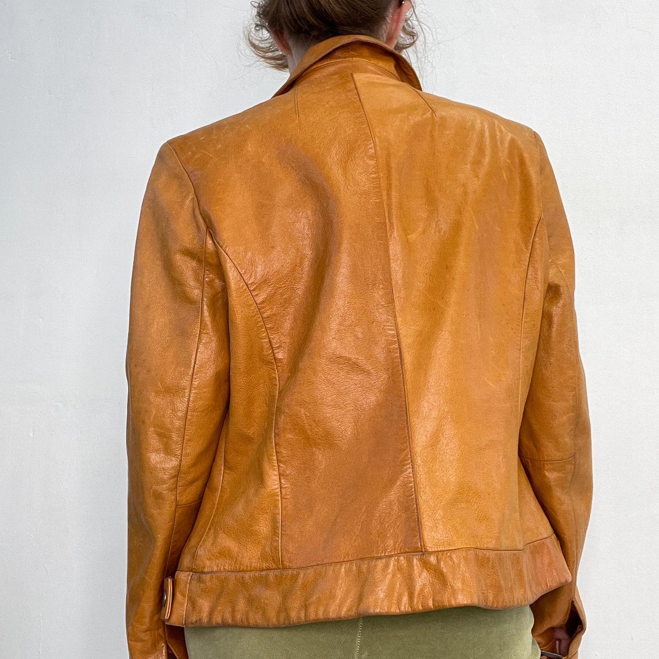 Cool burnt orange leather jacket with zip and buckle... - Depop