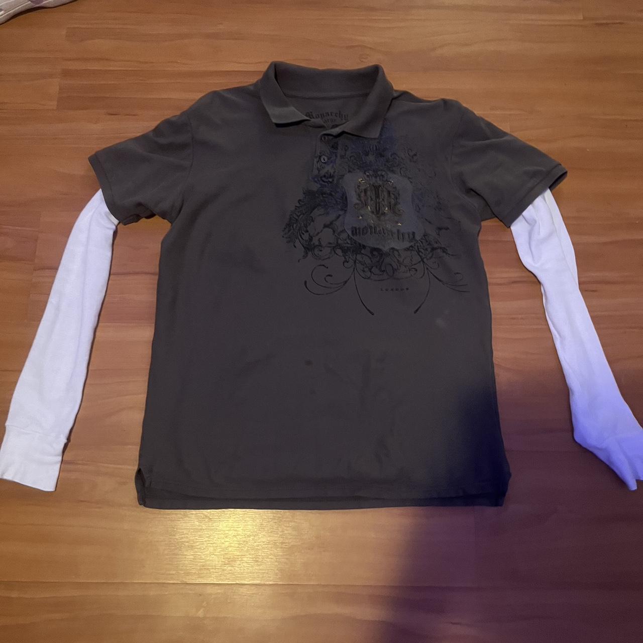 monarchy affliction styled polo shirt, shit goes... - Depop