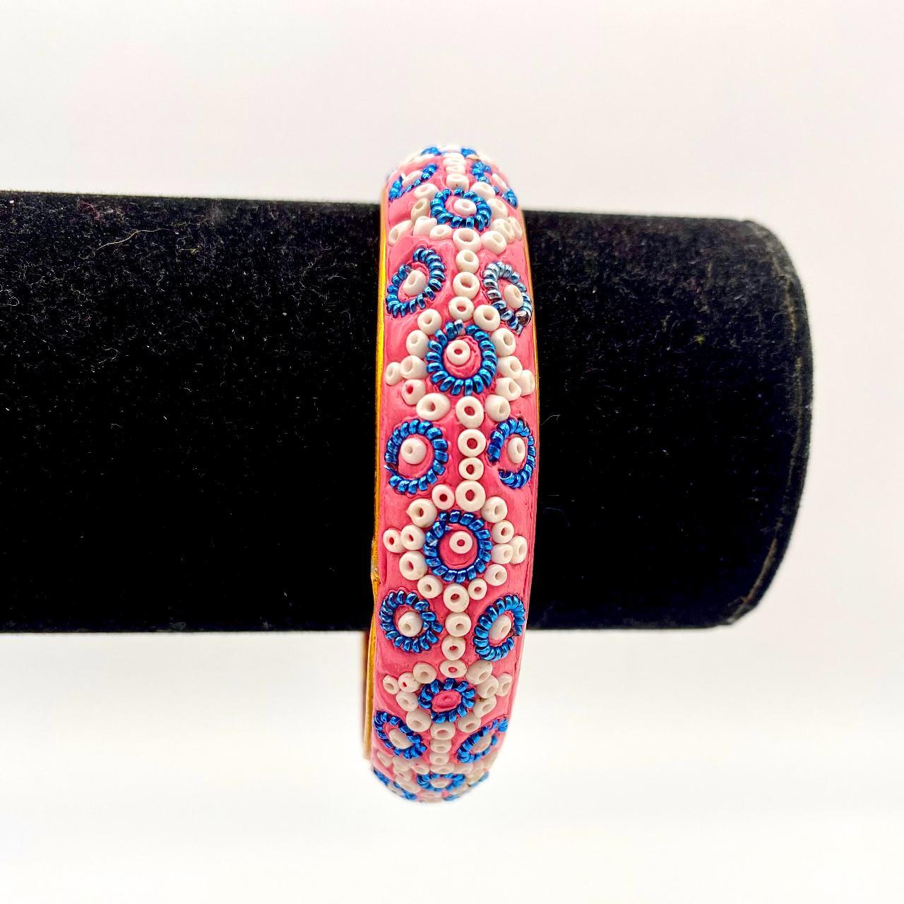 Vintage Beaded Pink and Blue Bangle - Bracelet This... - Depop