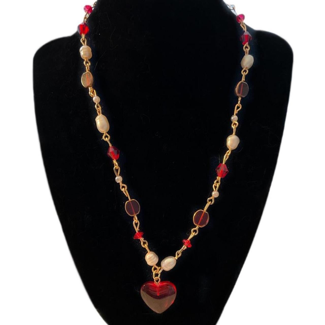 Red heart beaded necklace. Made with glass beads and... - Depop