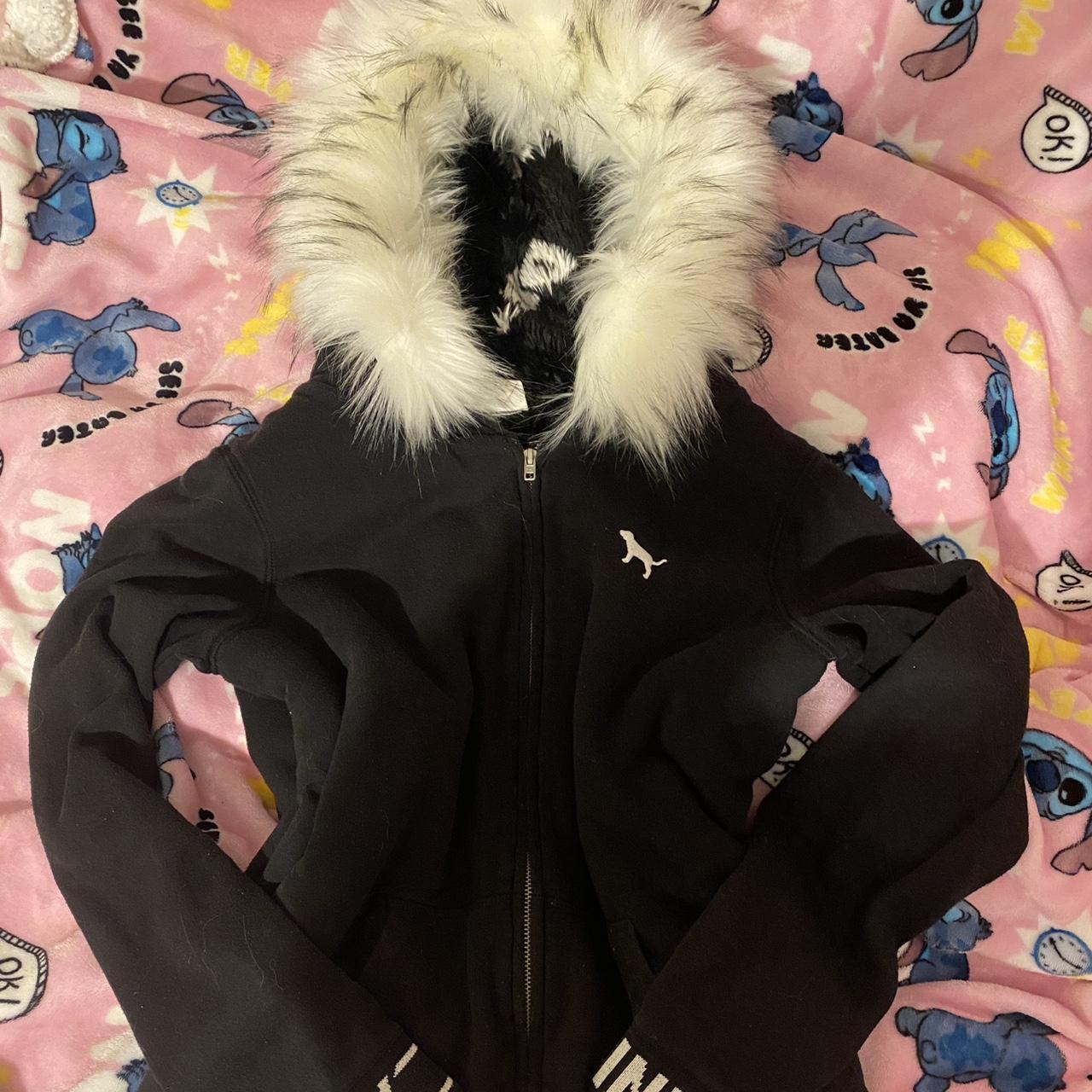 faux fur hood hooded zip up hoodie y2k emo goth... - Depop