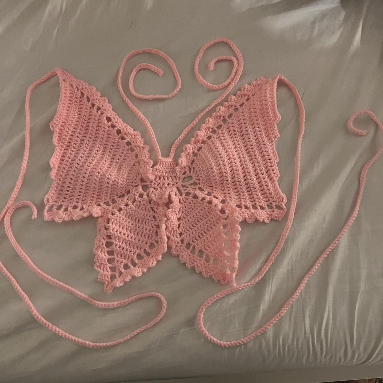 PINK BUTTERFLY CROCHET BACKLESS TOP completely... - Depop