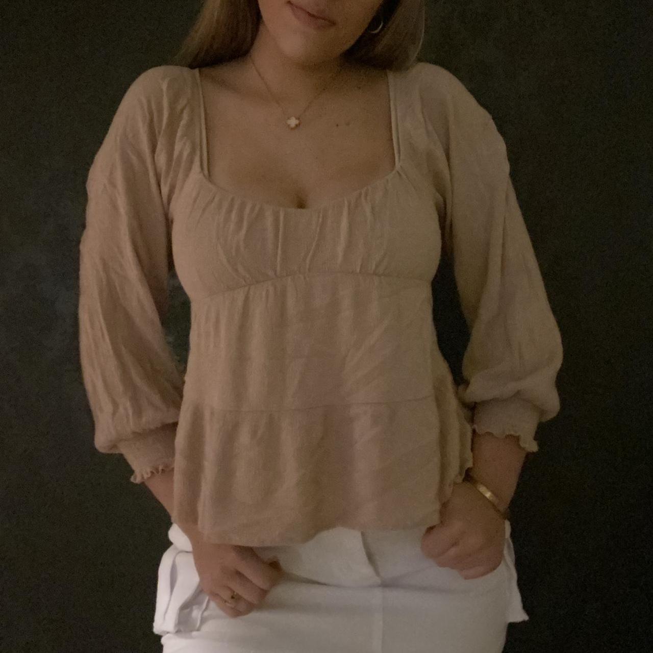 Cute flowy tanish pink long sleeve ruffle tee - Depop