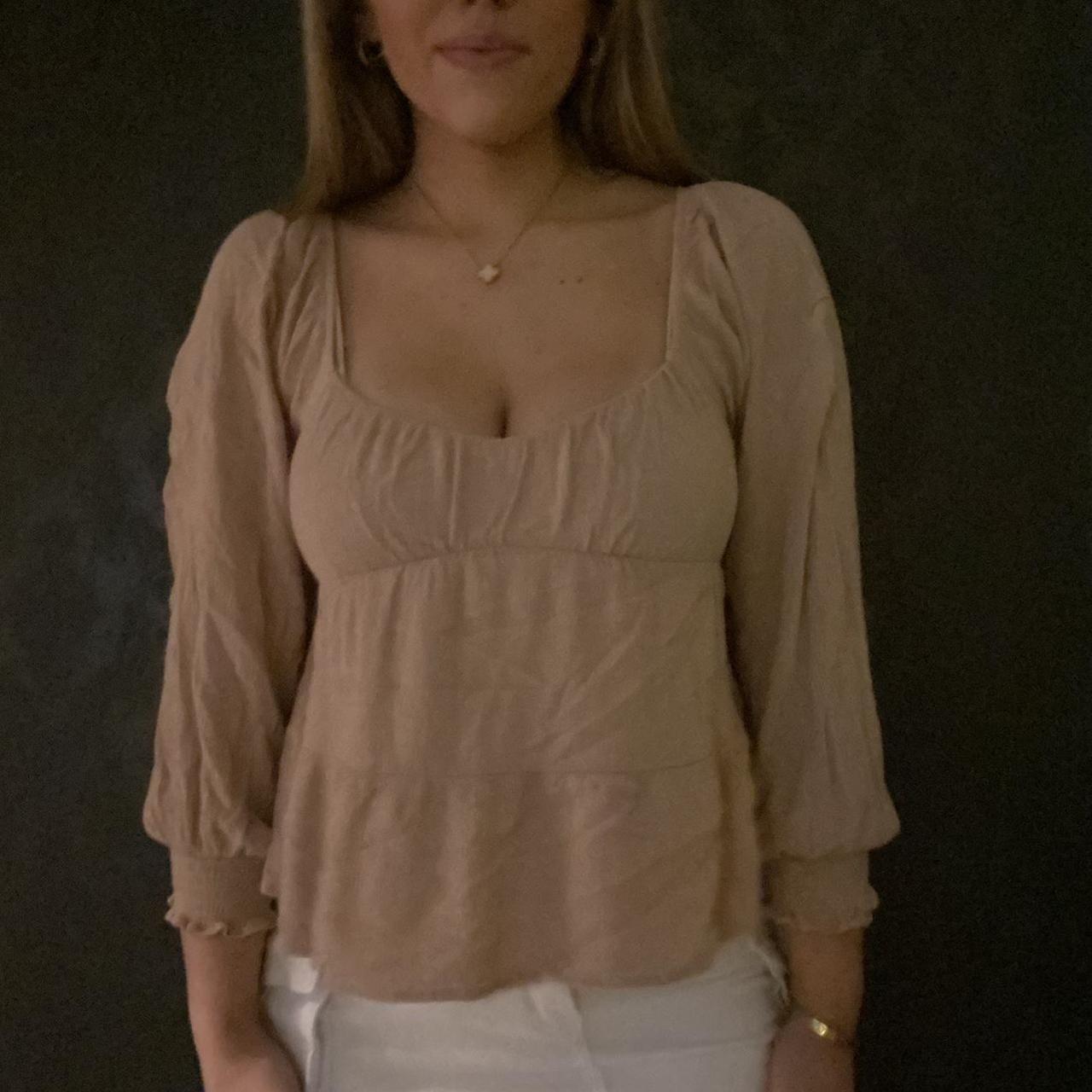 Cute flowy tanish pink long sleeve ruffle tee - Depop