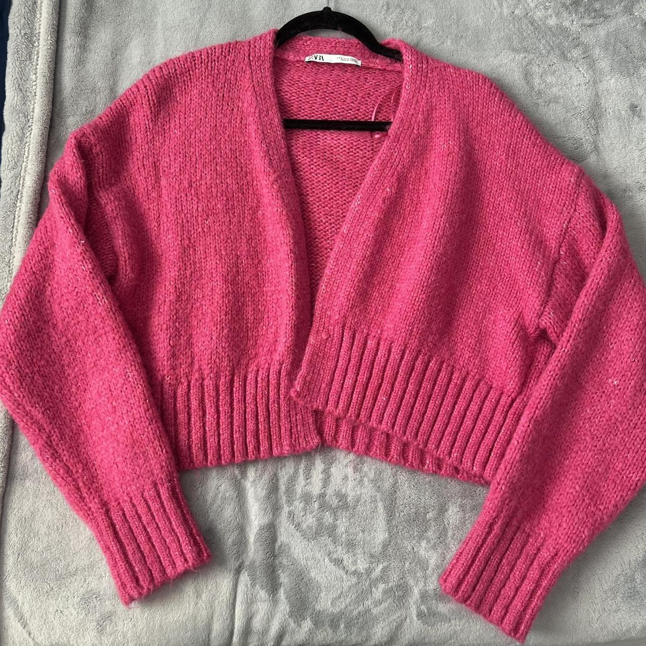Pink cropped cardigan in perfect condition size... | Depop