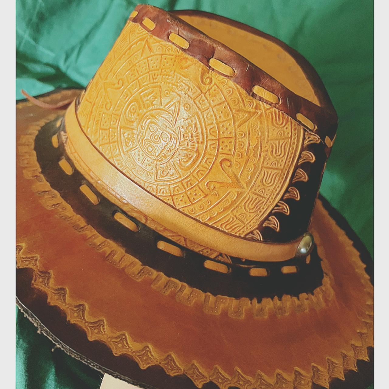 super cool vintage leather hat with mayan calendar... - Depop