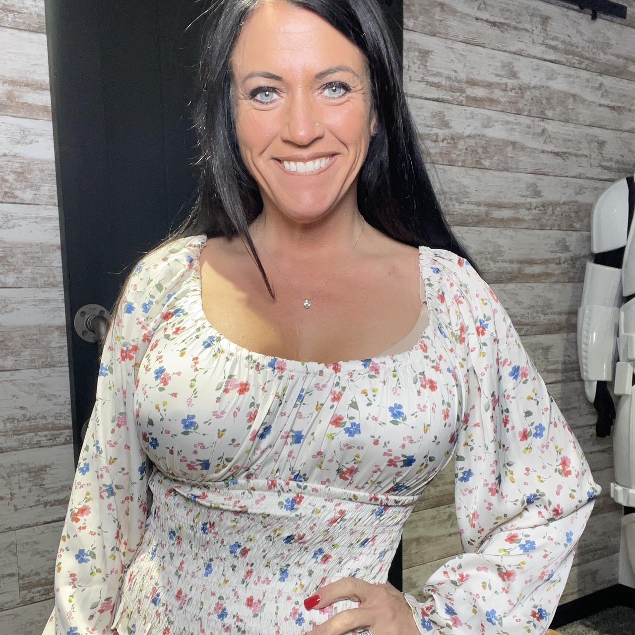 Beige Boho Floral Print Smocked Waist V... | Depop