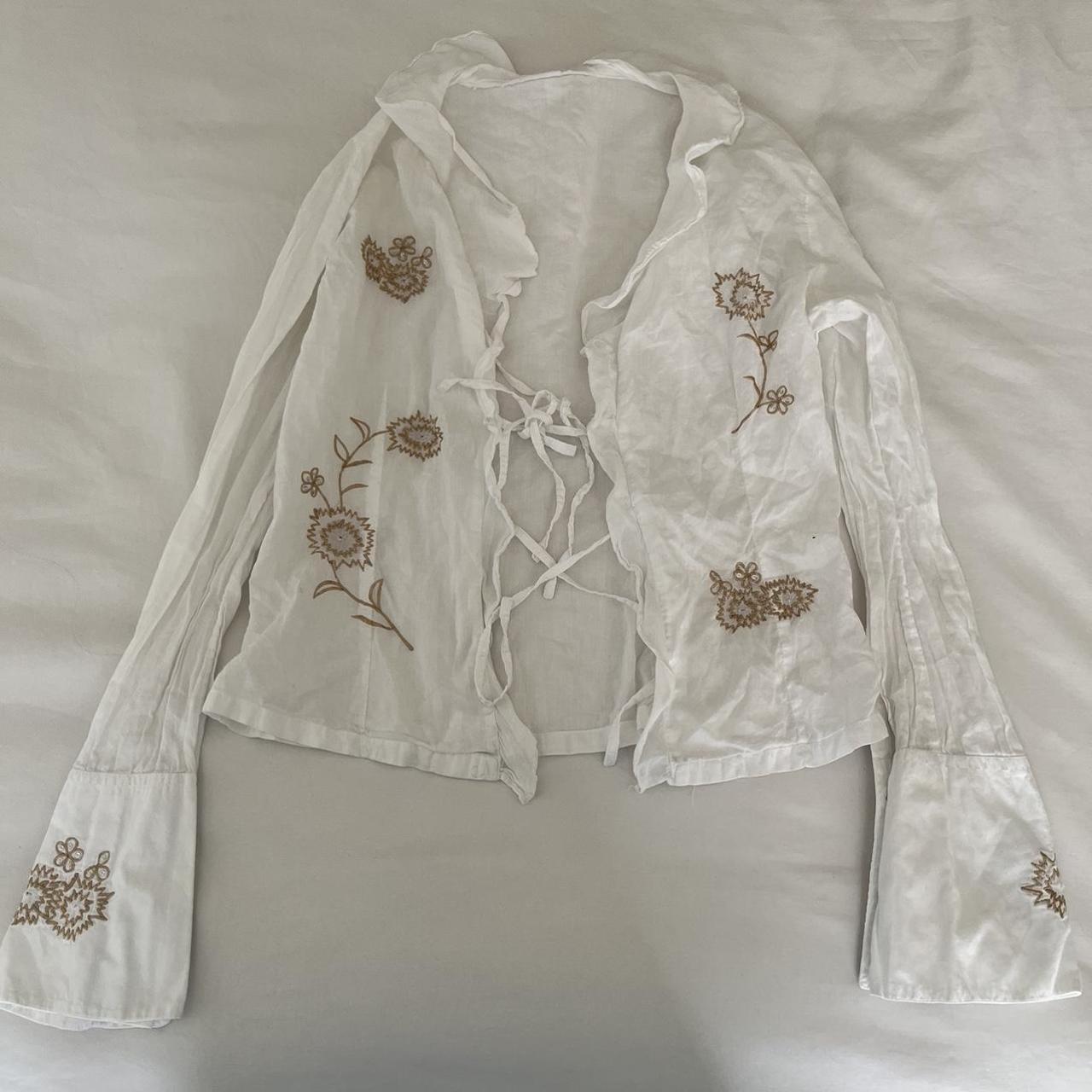 White ribbon tie detail ruffle blouse Embroidered... - Depop