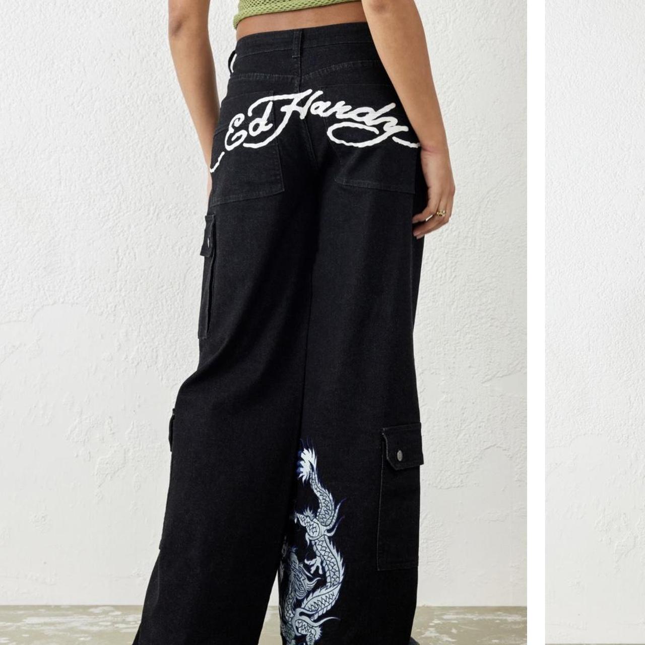 ED HARDY BLACK DRAGON CARGO JEANS SIZE:... - Depop