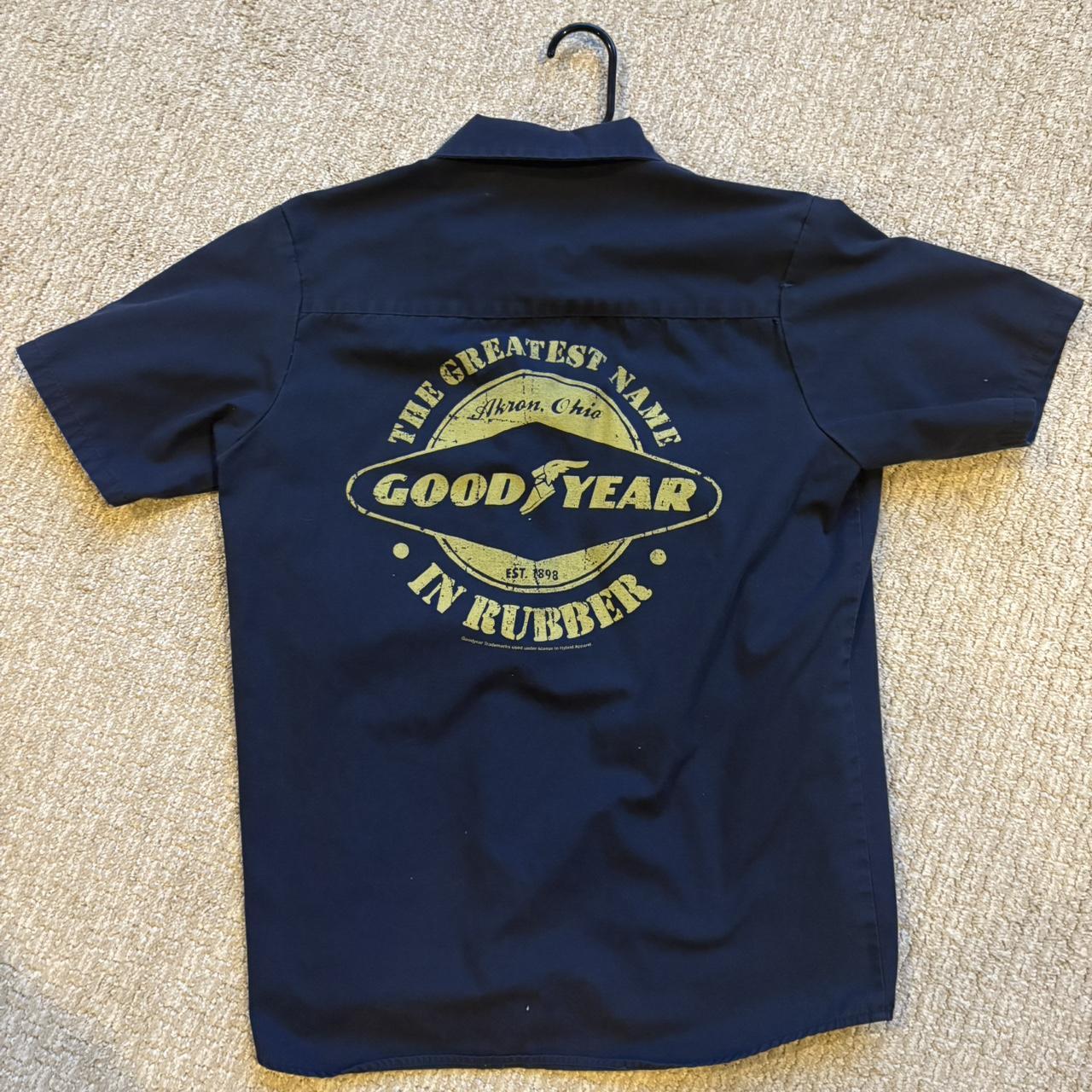 Navy blue Goodyear work shirt with yellow accents... | Depop