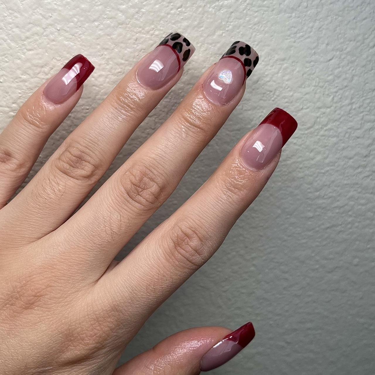 Red French nails with leopard print press on nails... - Depop