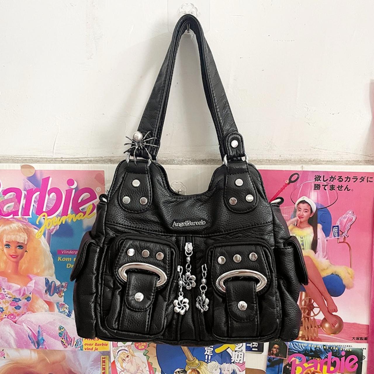 Y2k black shoulder bag with strap and little... - Depop