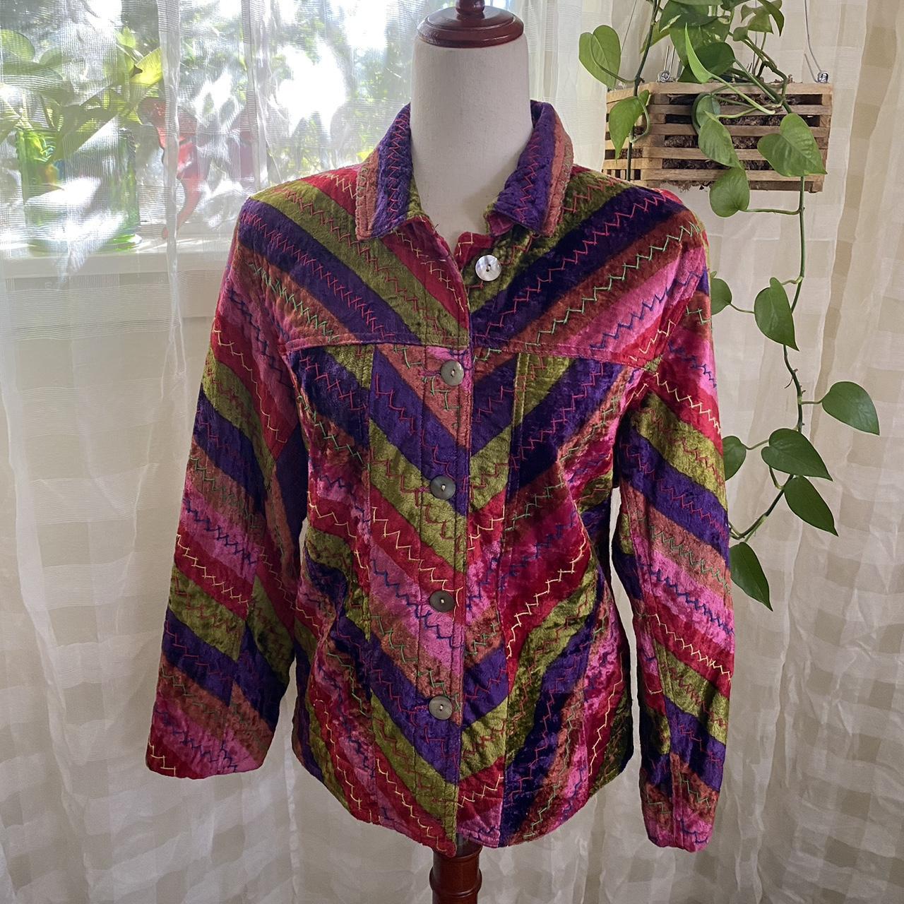 Multi color velvet jacket with mother of pearl... - Depop